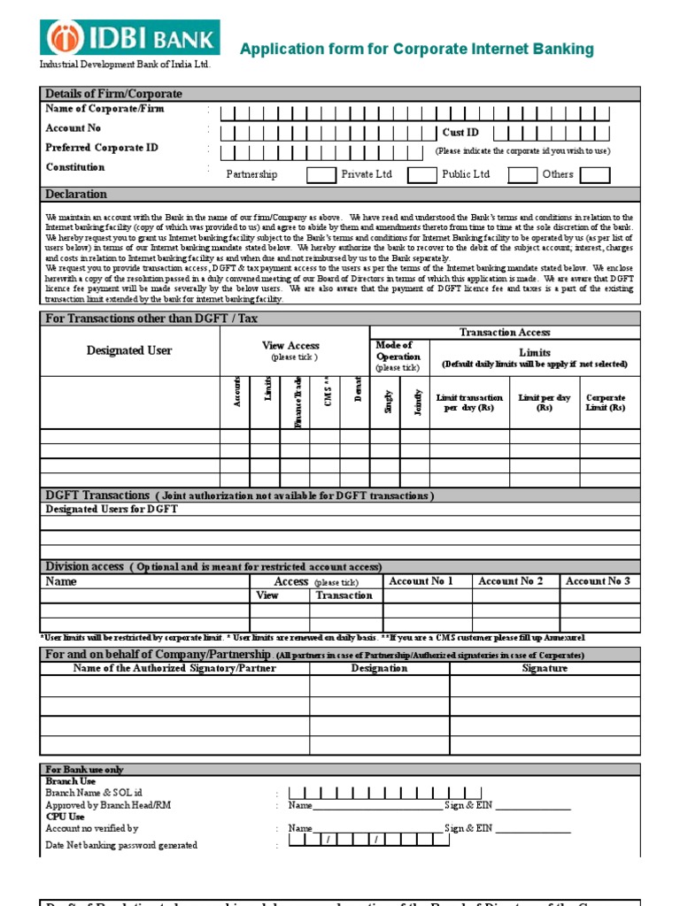 GB Application Form For Corporate Internet Banking | PDF | Online ...
