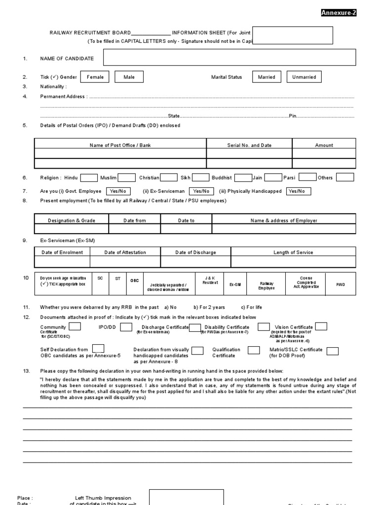 RRB Application Form Information Sheet | PDF | Government | Social ...