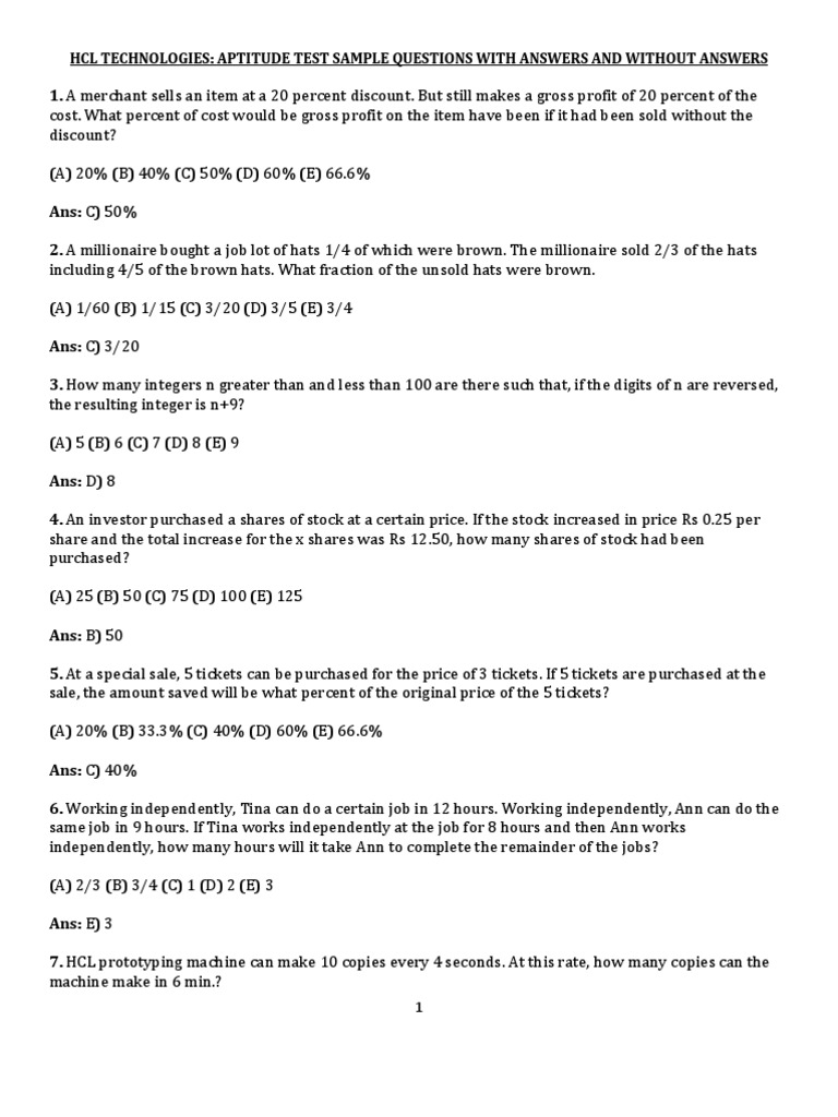 HCL Tech Aptitude Test Sample Questions With Answers | Table (Database ...