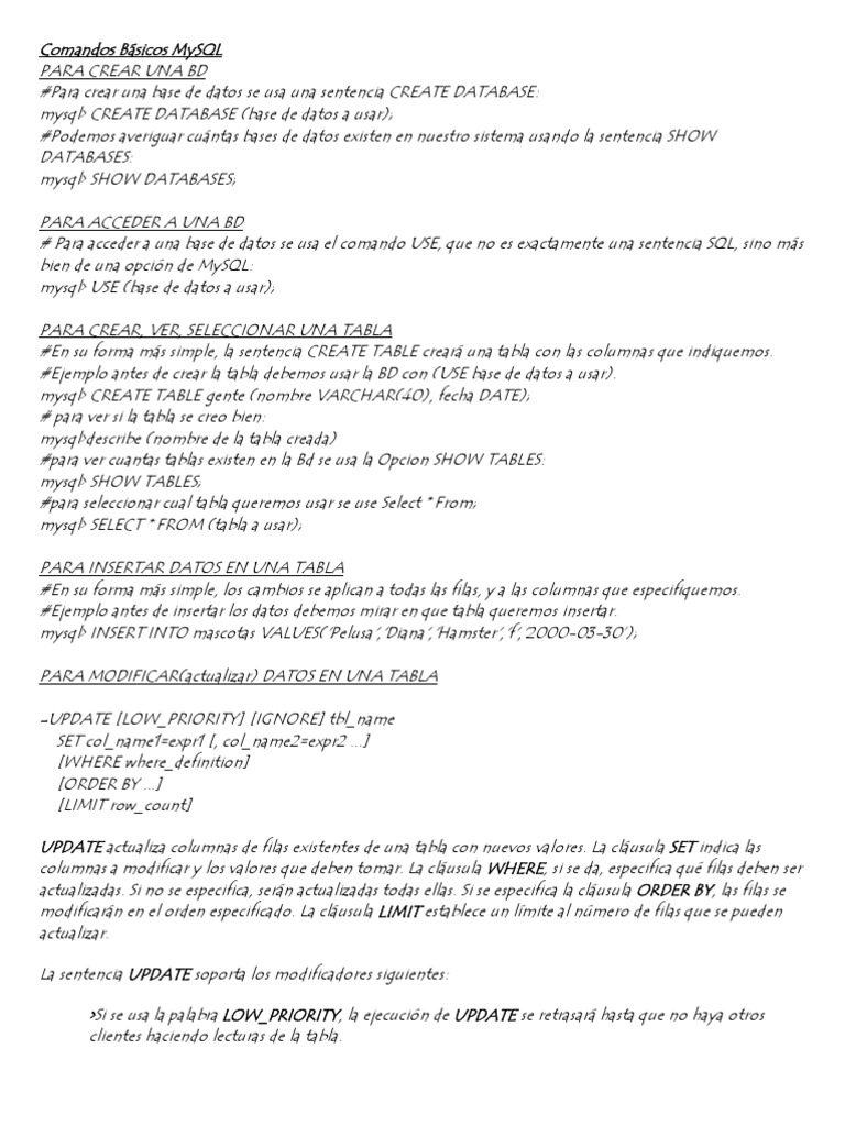 Comandos Básicos MySQL | PDF | Tabla (base de datos) | Software de ...