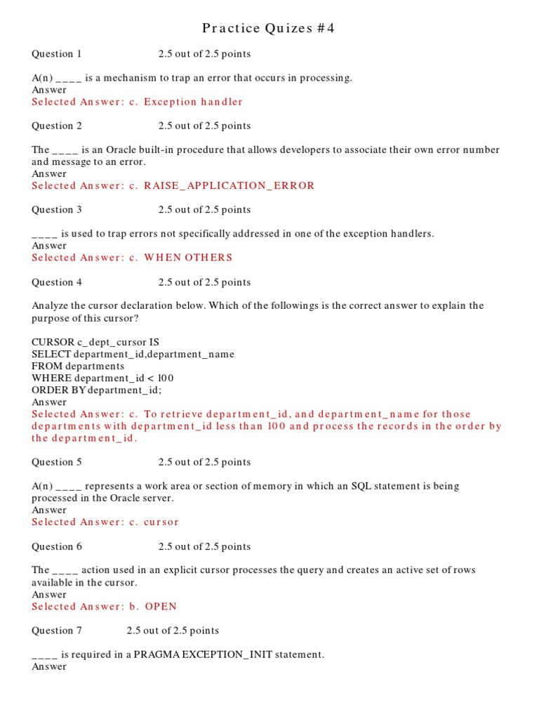 PL/SQL Practice Quizzes Exam 2 | PDF | Pl/Sql | Subroutine