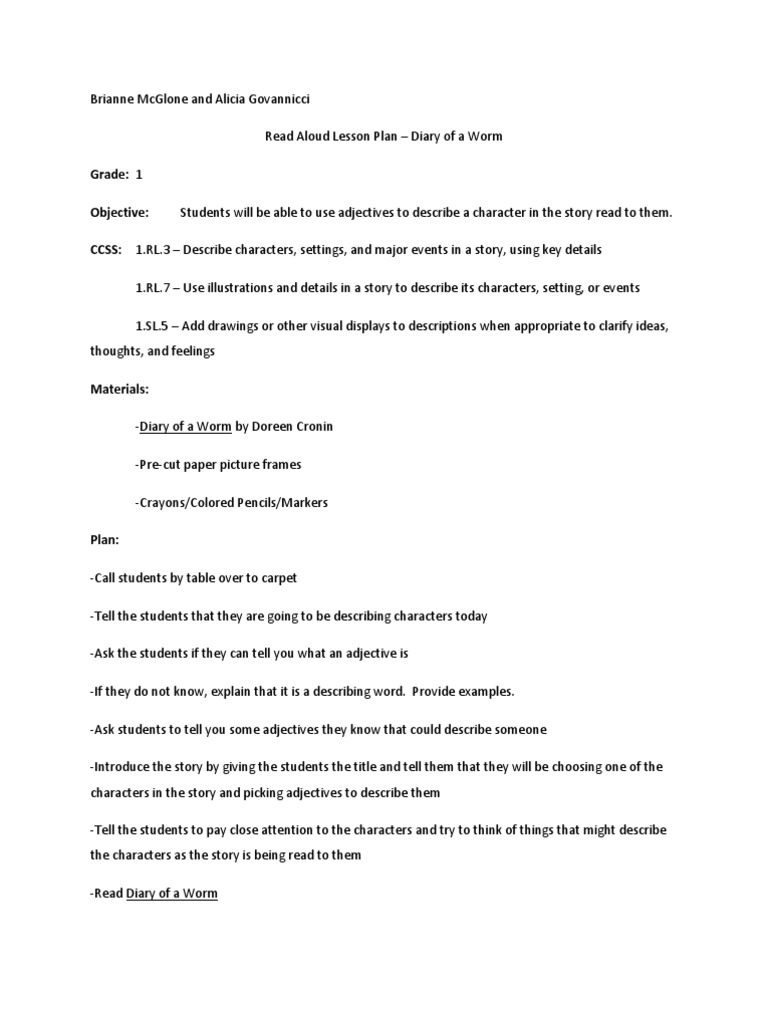 Read Aloud Lesson: Diary of a Worm | PDF | Brainstorming | Learning