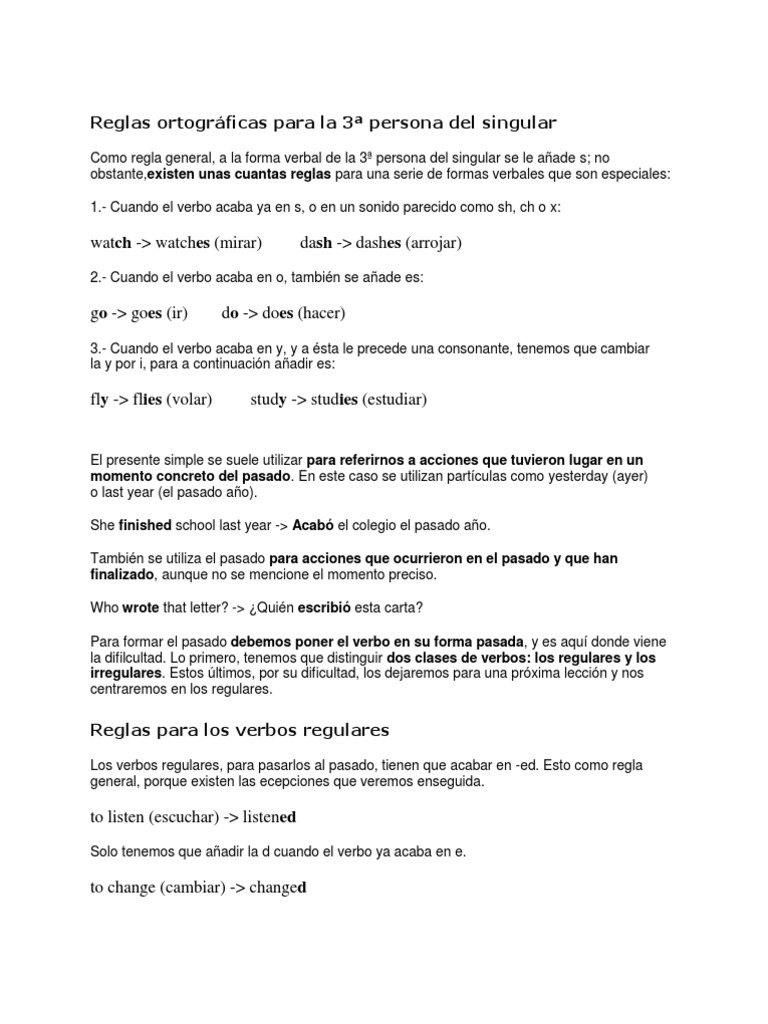Reglas Ortográficas Para La 3 Persona Del Singular Pdf Verbo