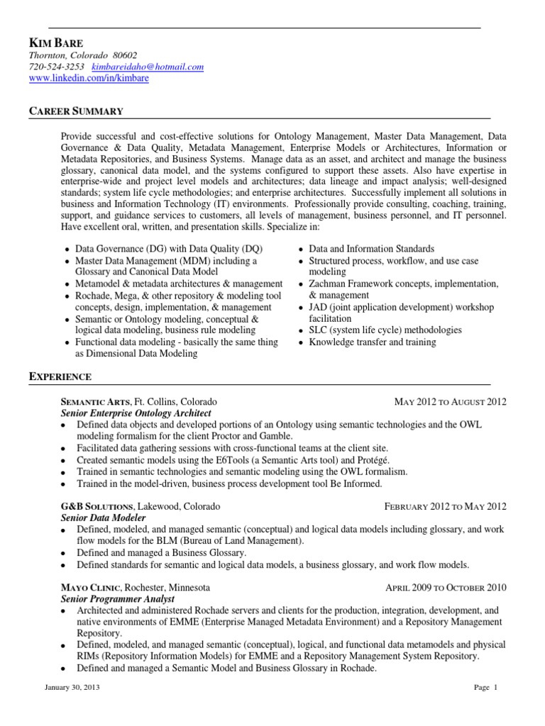 Metadata Repository Manager Semantic Architect in Denver CO Resume Kim ...