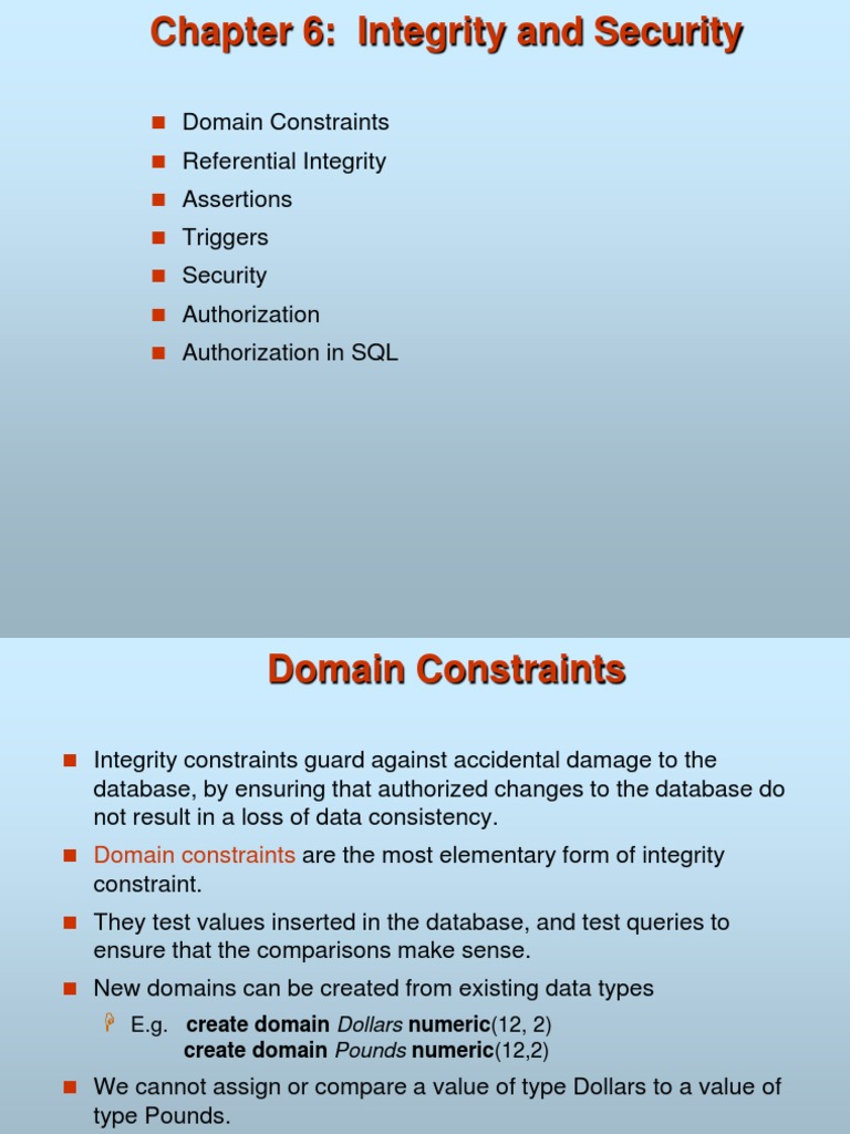 Domain Constraints Referential Integrity Assertions Triggers Security ... Domain Constraints Referential Integrity Assertions Triggers Security ...