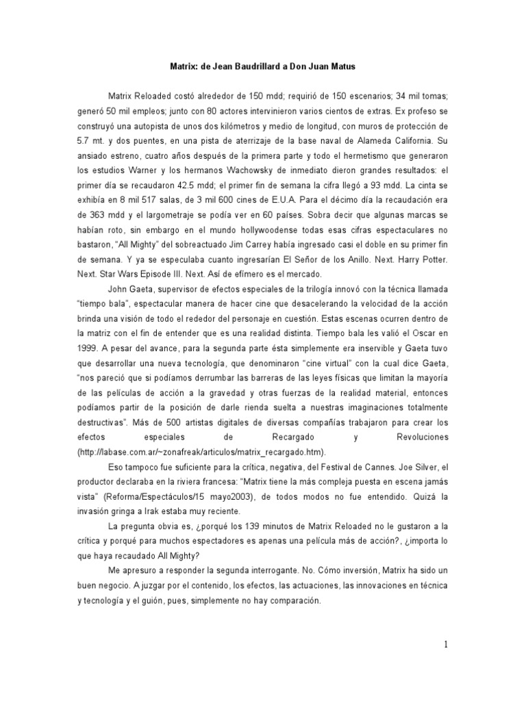 Matrix: de Jean Baudrillard A Don Juan Matus | PDF | Simulación ...