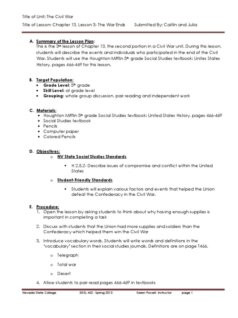 Civil War Lesson: The War Ends | PDF | Understanding | Lesson Plan