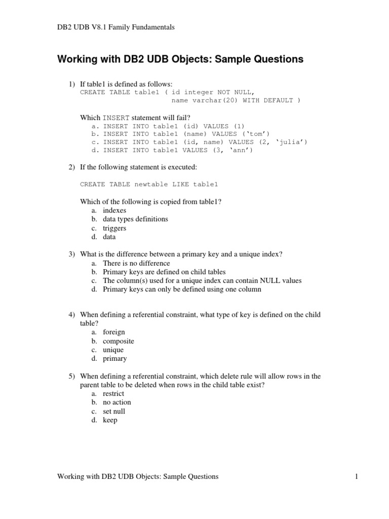 Working With DB2 UDB Objects: Sample Questions | PDF | Relational Database | Database Index