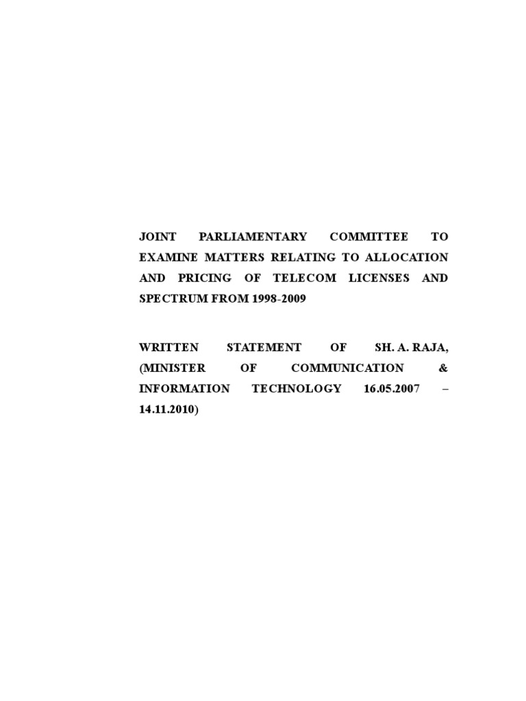 A Raja's Written Statement To JPC On 2G Spectrum Scam | PDF
