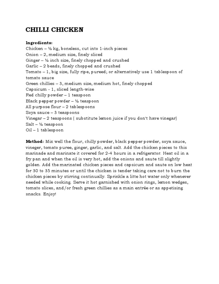 Chilli Chicken: Ingredients | PDF | Cooking, Food & Wine | Wellness