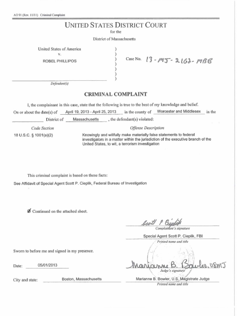 Robel Phillipos Criminal Complaint in Boston Bombing Case | PDF