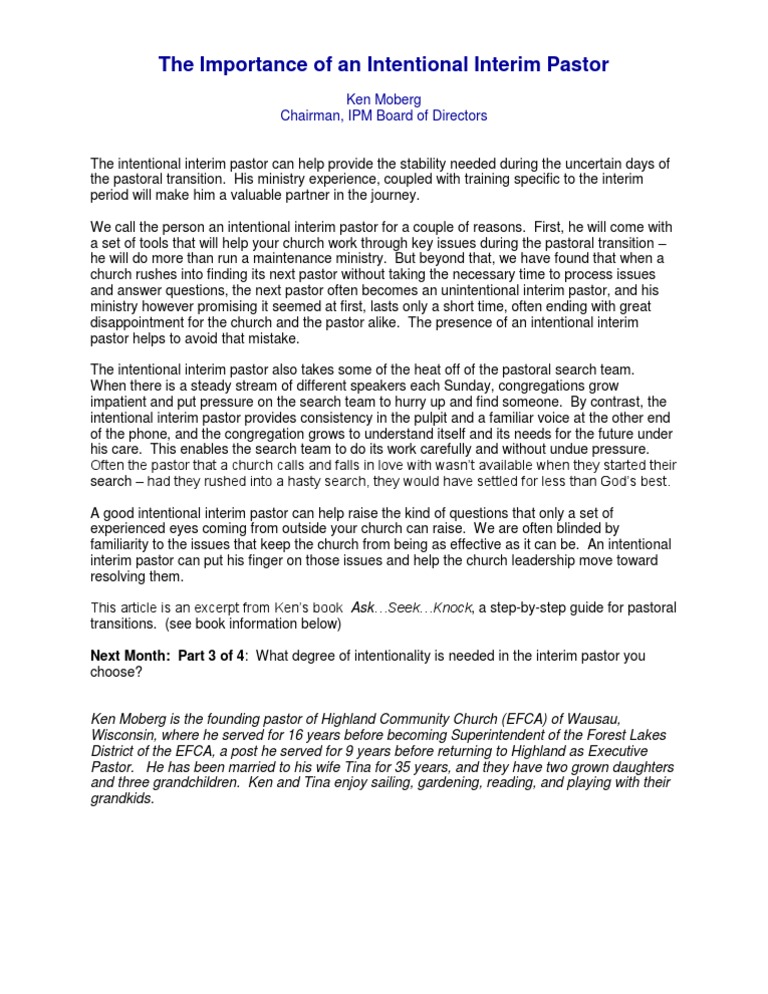 The Intentional Interim Pastor by Ken Moberg: Part 2 | PDF