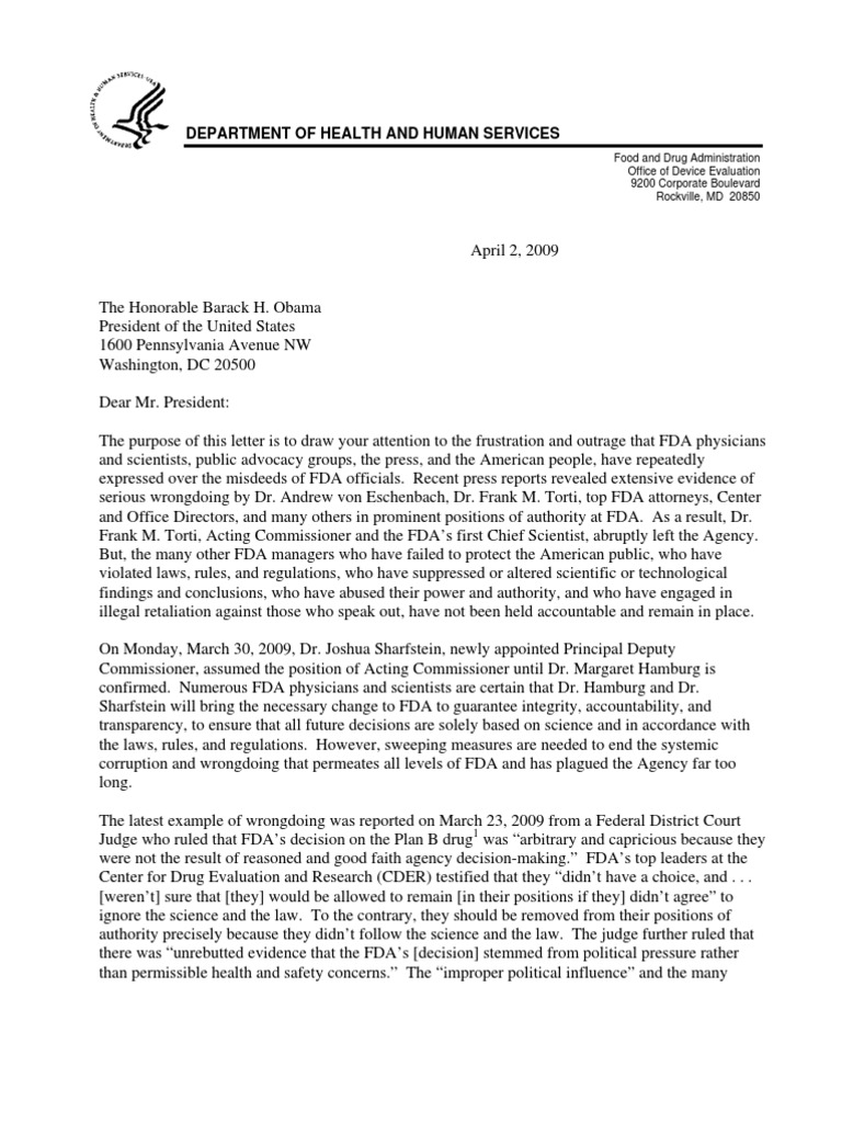 FDA 9 Letter Letter to President Obama 4-2-09 FINAL Redacted | Food And ...