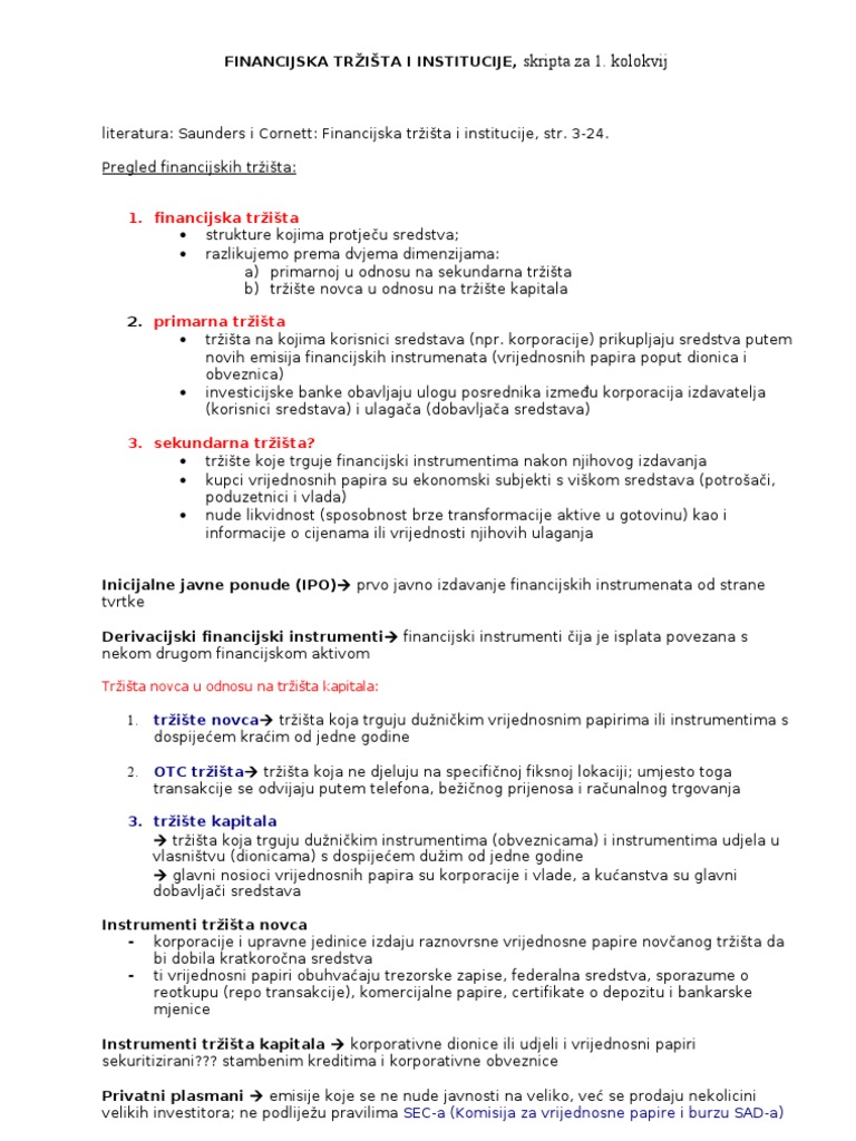 Skripta Za I. Kolokvij-Financijska Trzista I Institucije, SREĐENA | PDF
