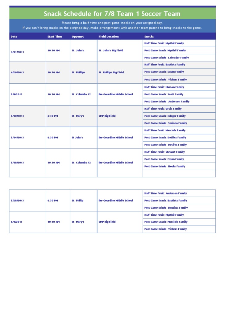 7/8 Team 1 Soccer Snack Schedule | PDF | Sports & Recreation | Cooking ...