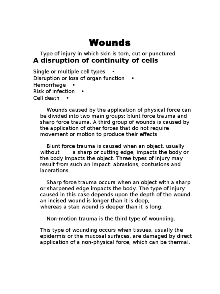 Wounds: A Disruption of Continuity of Cells | PDF | Wound | Major Trauma