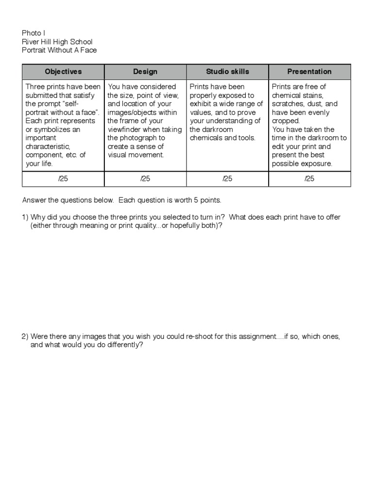 Self-Portrait Photography Project Guide | PDF