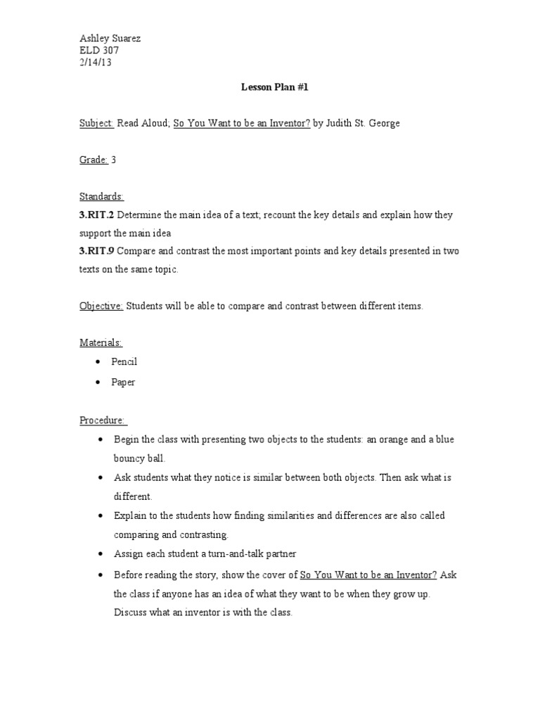 ELD 307 Lesson Plan #1 Read Aloud | PDF | Lesson Plan | Invention
