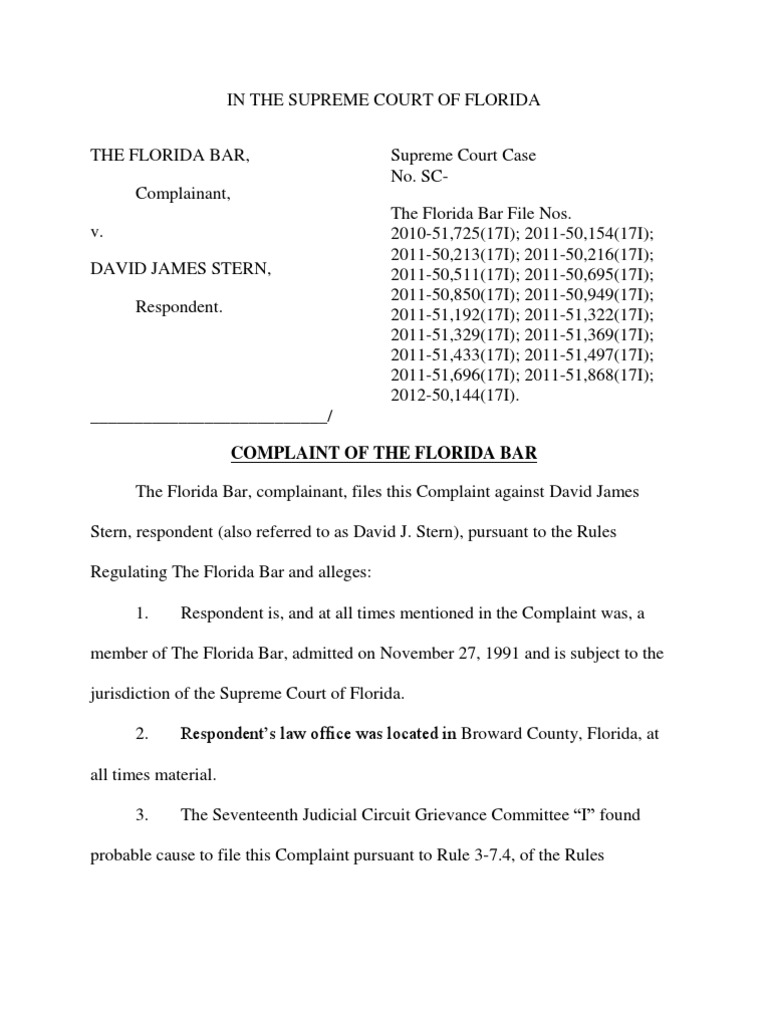 The Florida Bar v David J Stern, Complaint April-17-2013 | Paralegal ...
