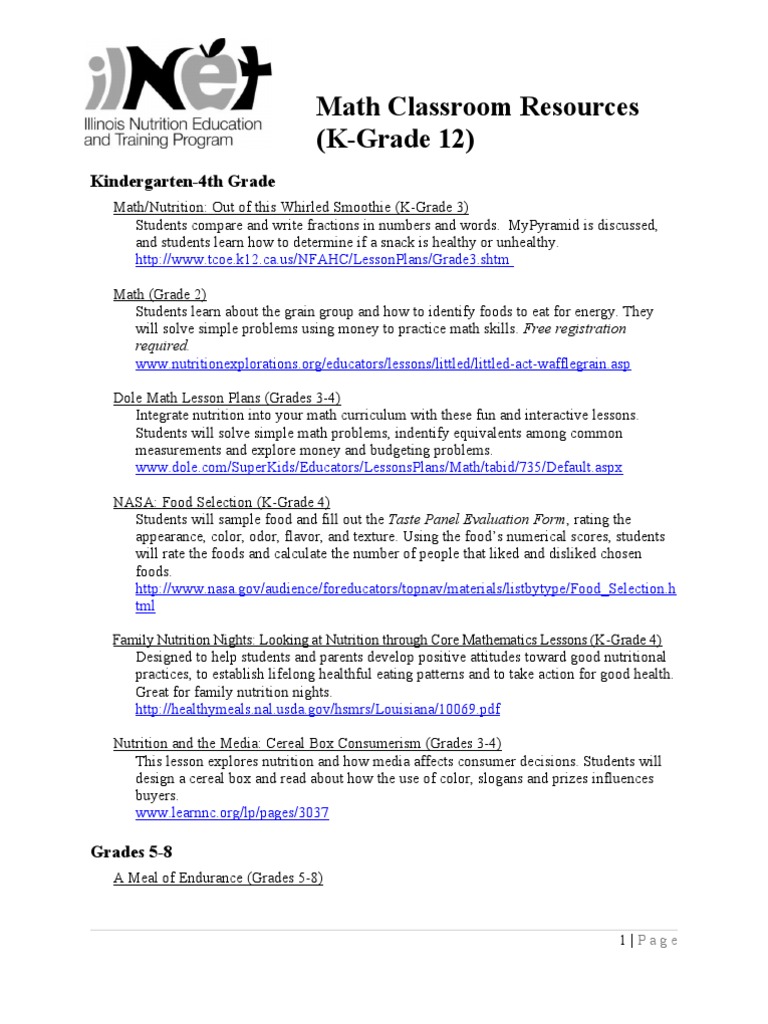 Math and Nutrition Lesson Plans K-12 | PDF | Nutrition | Diet & Nutrition