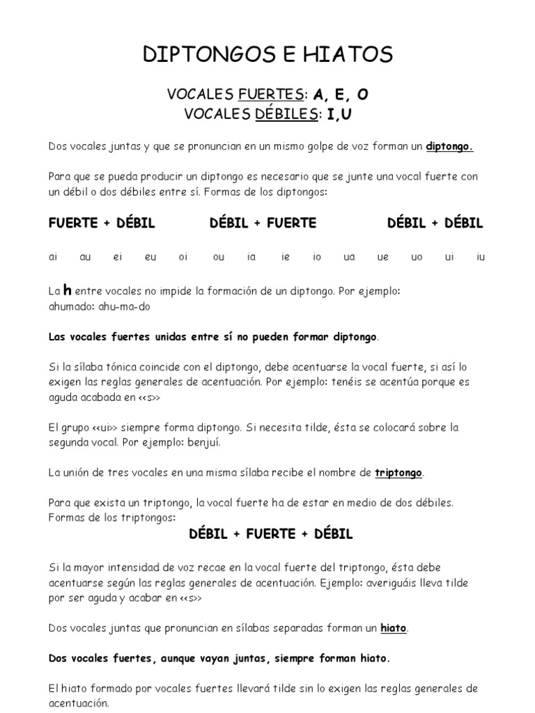 Diptongos y Hiatos: Reglas y Ejemplos | PDF | Filología | Artes del ...