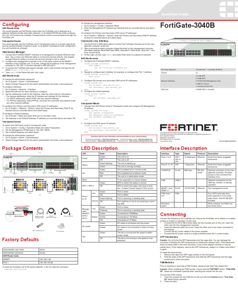 Fortigate 3040B Quickstart | PDF | Ip Address | Gateway (Telecommunications)