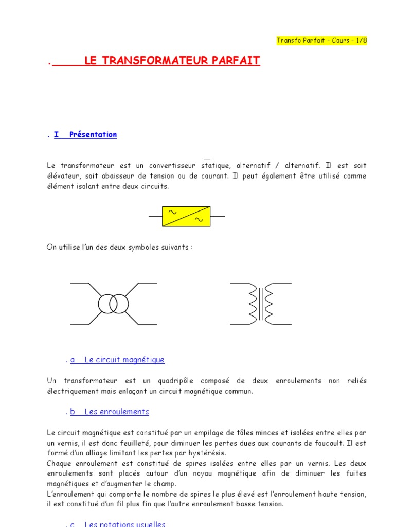 Cours Transfo Parfait | PDF | Champ magnétique | Puissance (physique)