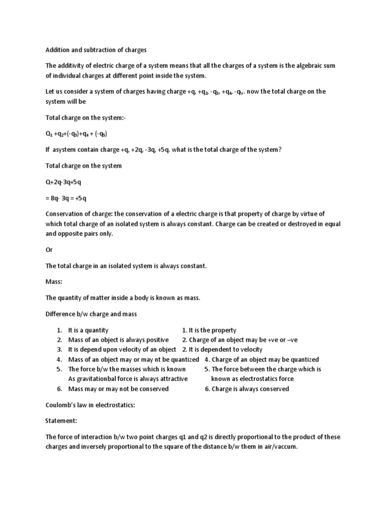 Addition and Subtraction of Charges | PDF | Electric Charge ...