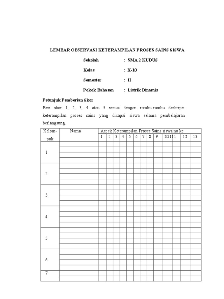 Lembar Observasi Keterampilan Proses Sains Siswa | PDF
