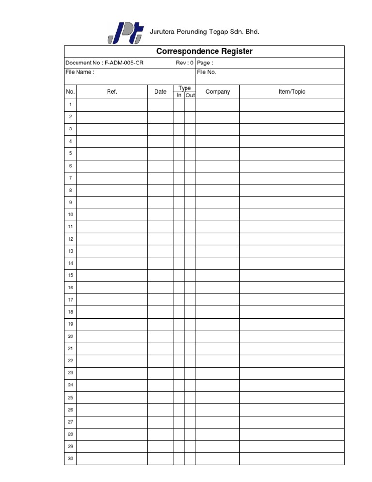Correspondence Register: Jurutera Perunding Tegap Sdn. BHD | PDF