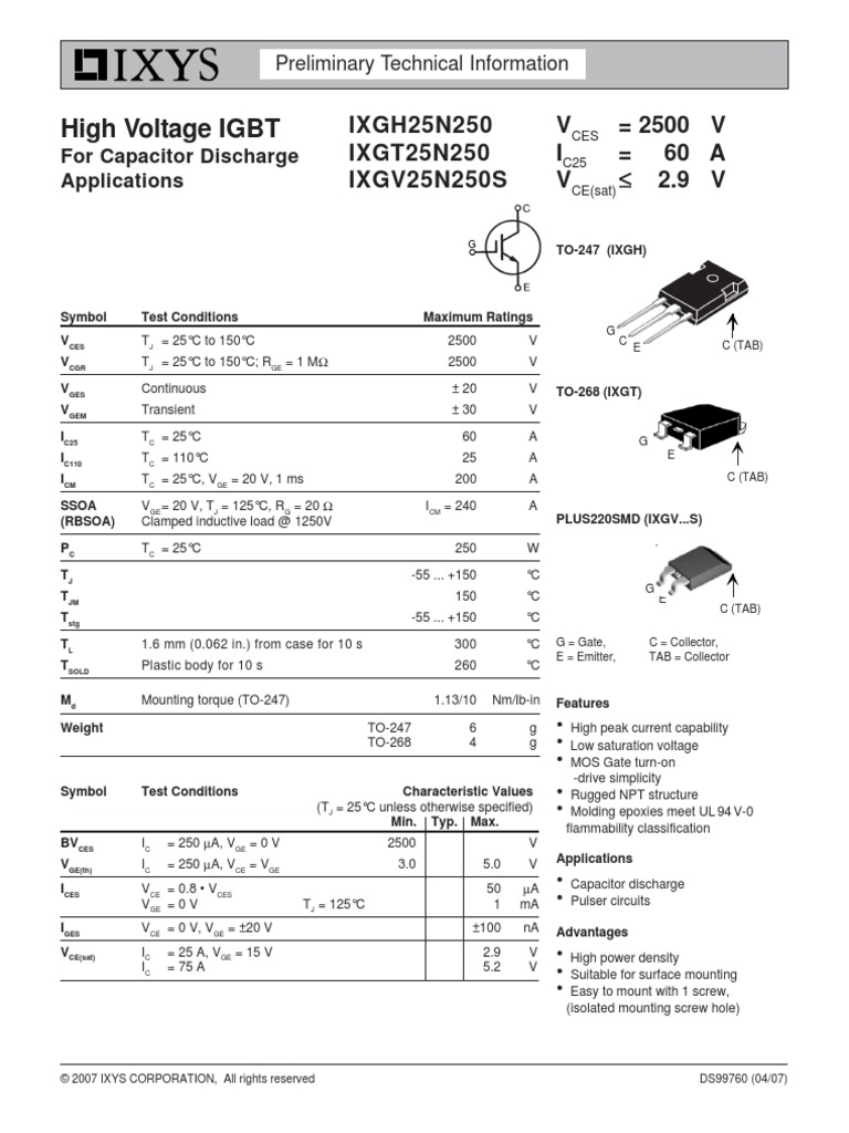 IXGH25N250 - High Voltage IGBT For Capacitor Discharge Applications ...