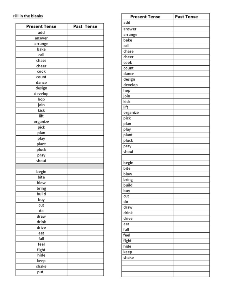 Present Tense Past Tense Present Tense Past Tense: Fill in The Blanks | PDF