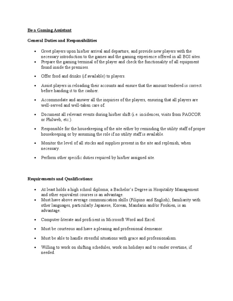 Gaming Assistant Job Overview | PDF