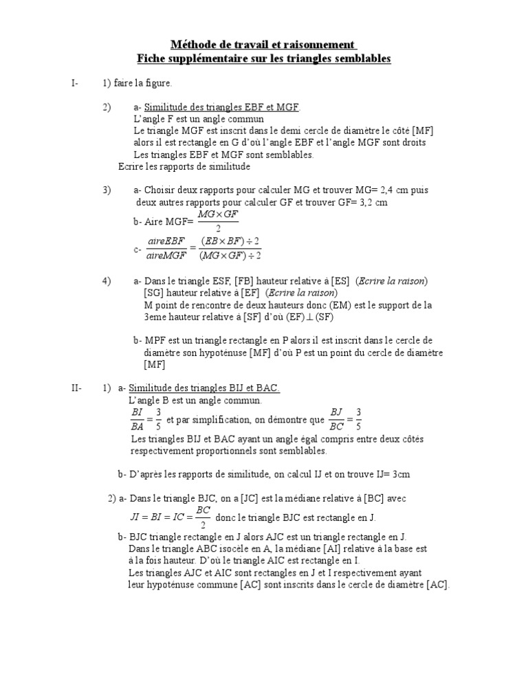 Méthode Et Raisonnement Fiche Triangles Semblables | PDF | Géométrie ...
