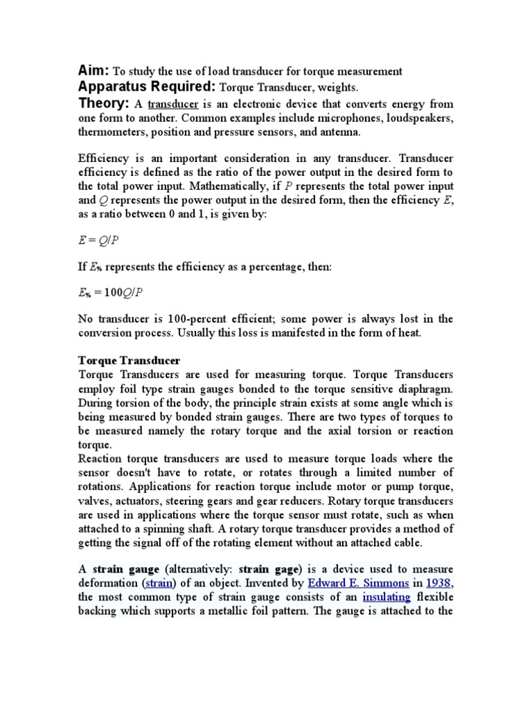 Aim: Apparatus Required: Theory:: Torque Transducer | PDF | Torque | Physical Quantities