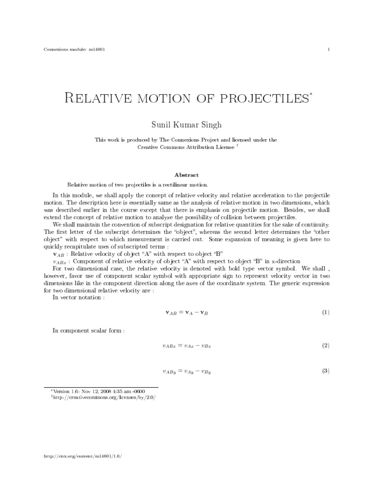 Relative Motion of Projectiles: Sunil Kumar Singh | PDF | Kinematics | Velocity
