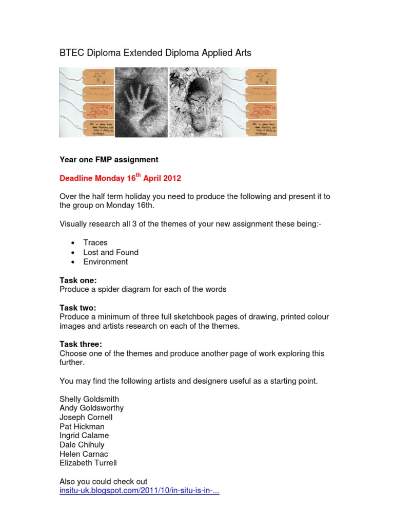 BTEC Diploma Extended Diploma Applied Arts: Year One FMP Assignment | PDF