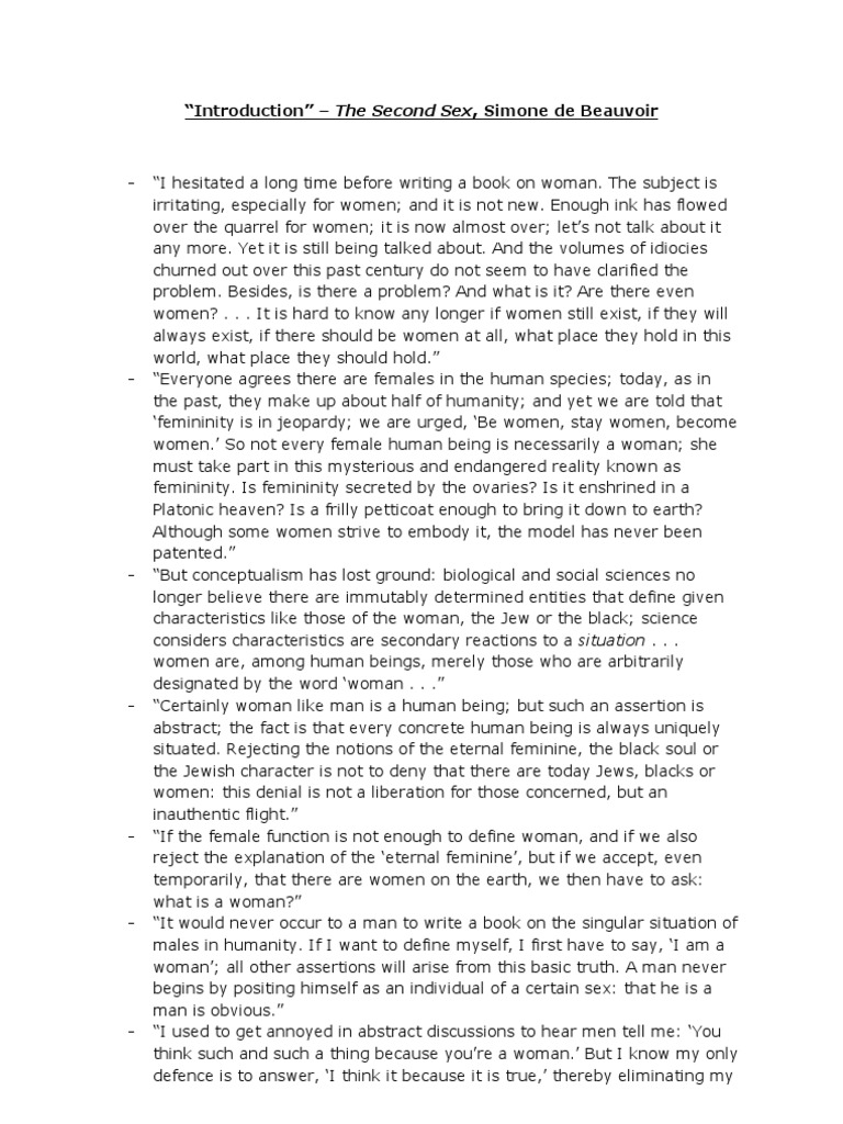 Second Sex Intro Quotes Pdf Femininity Sociological Theories