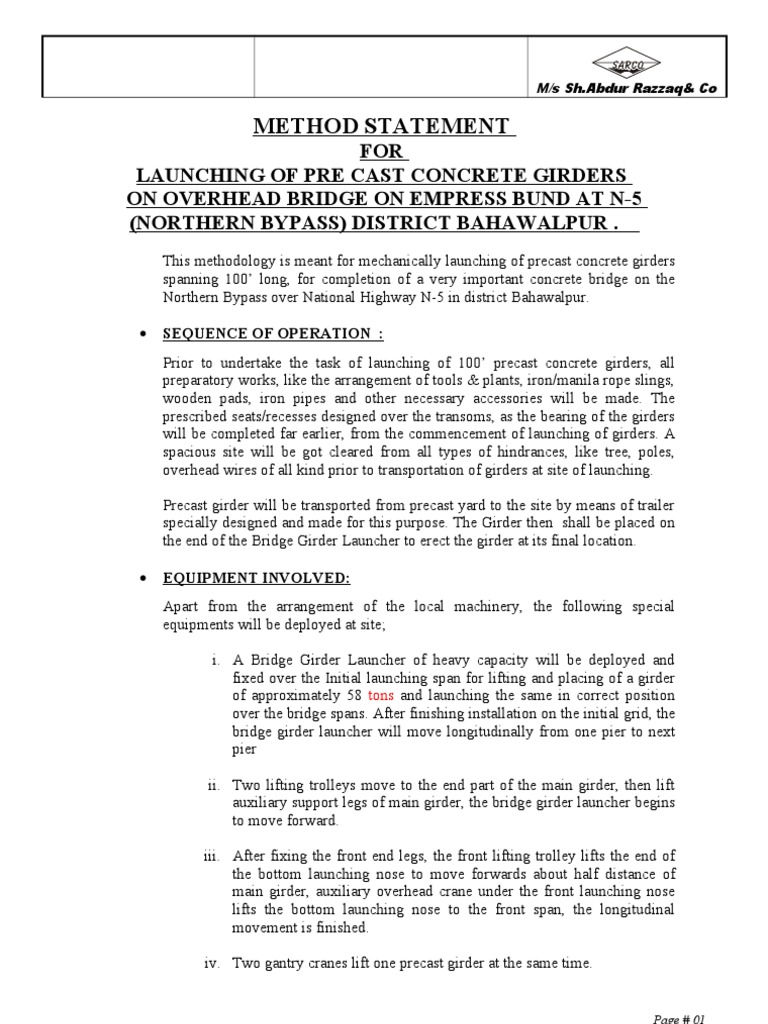 Method Statement for Girder Launching | PDF | Crane (Machine) | Precast ...