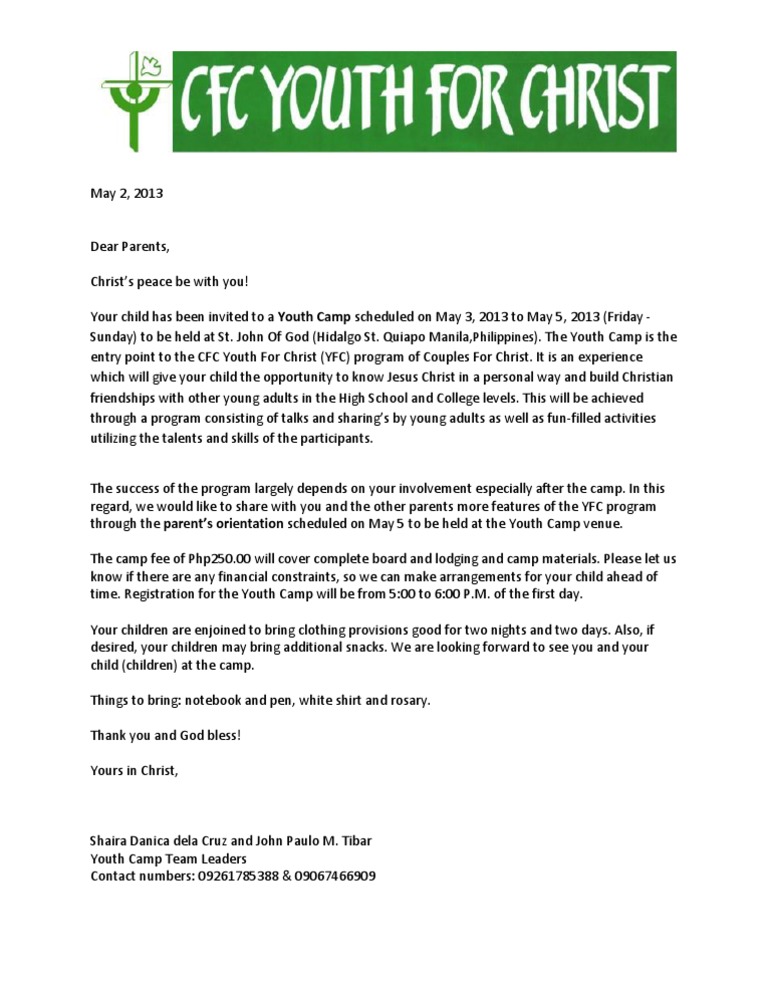 Invitation Letter For Youth Camp | PDF