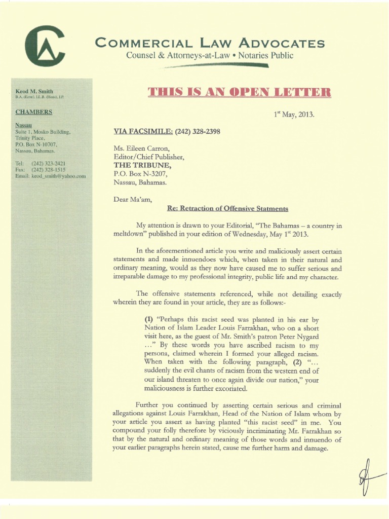 Letter of Retraction of Offensive Statements | PDF