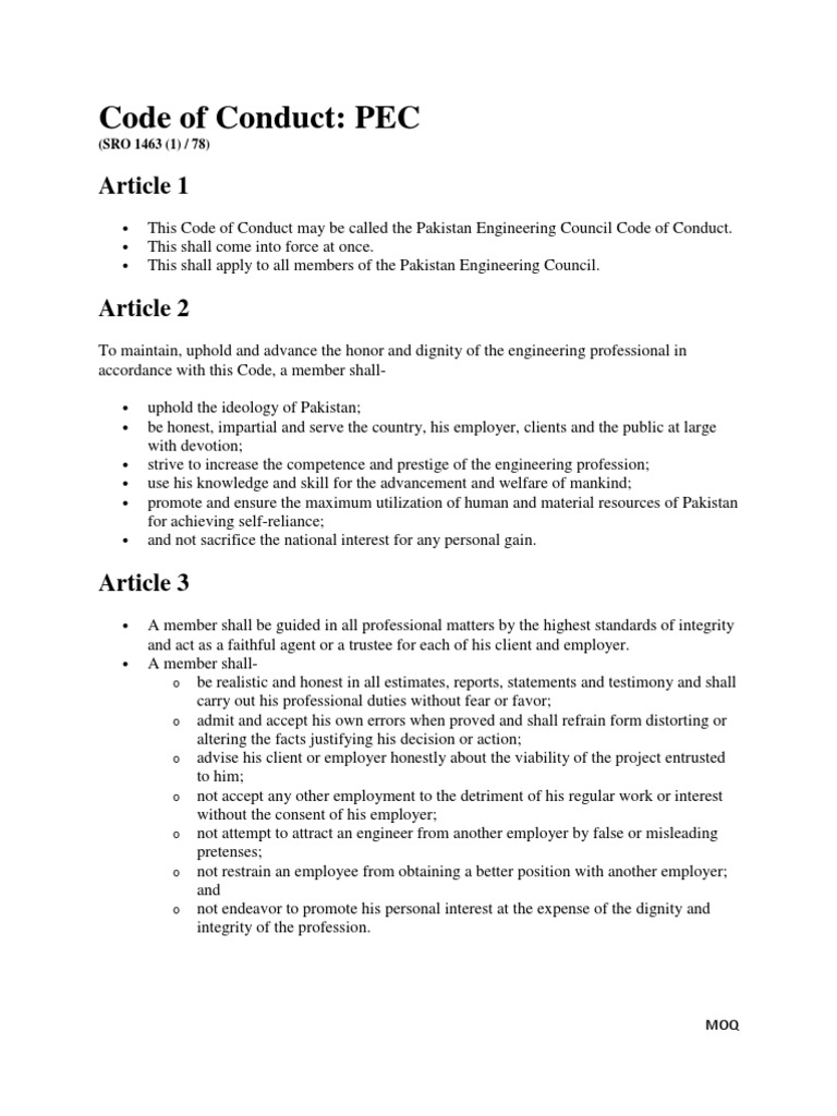 Code of Conduct of Pakistan Engineering Council | PDF | Business