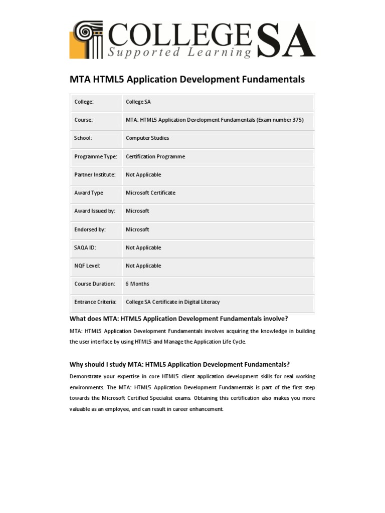 MTA HTML5 Application Development Fundamentals | PDF | Professional ... MTA HTML5 Application Development Fundamentals | PDF | Professional ...