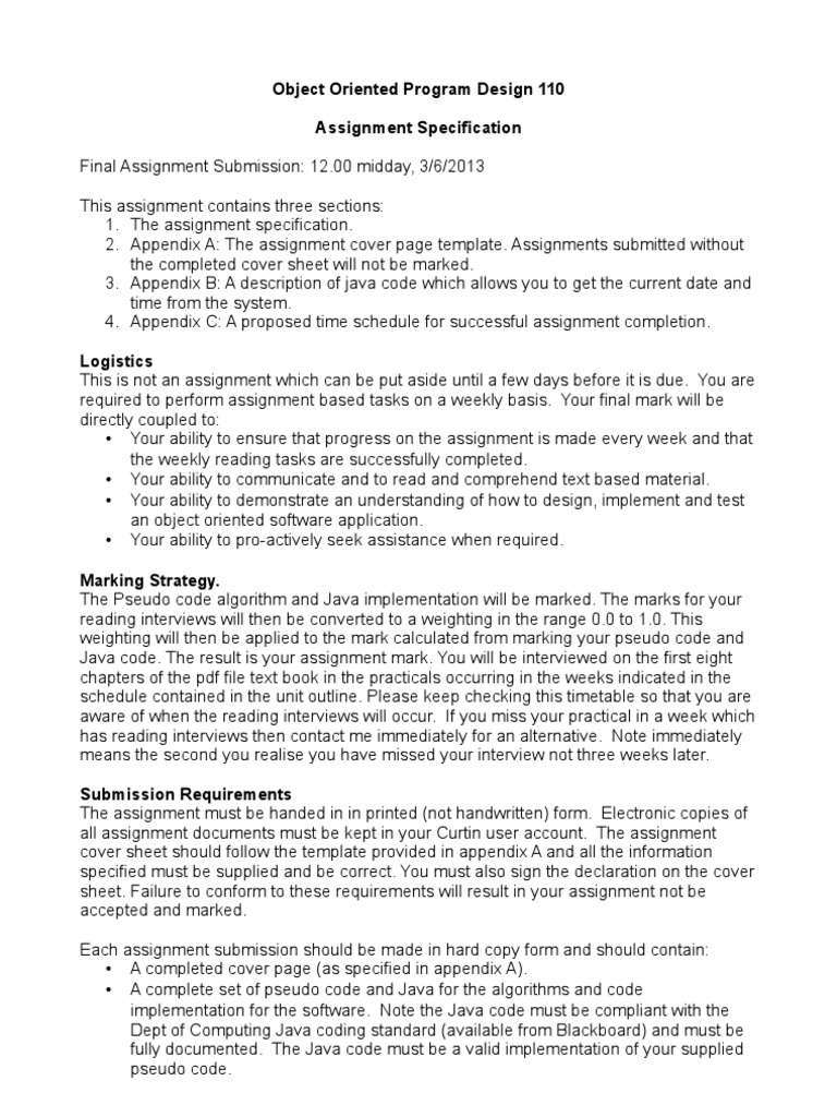 Object Oriented Program Design 110 Assignment Specification | PDF | Input/Output | Code