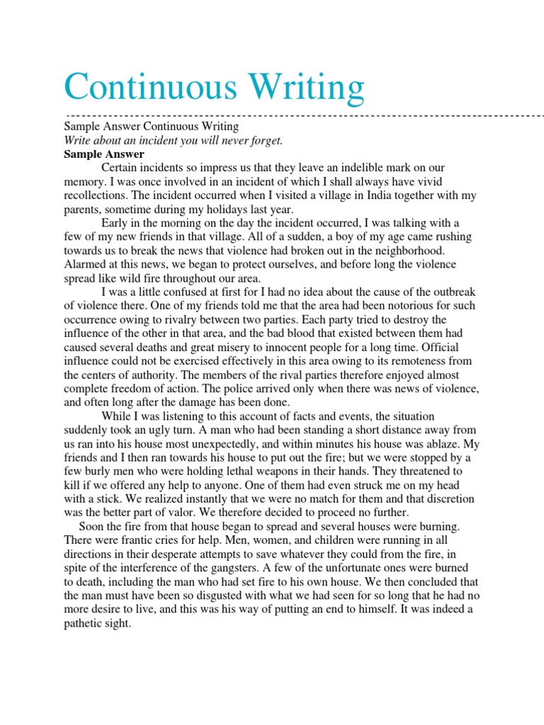 Continuous Writing: Write About An Incident You Will Never Forget ...