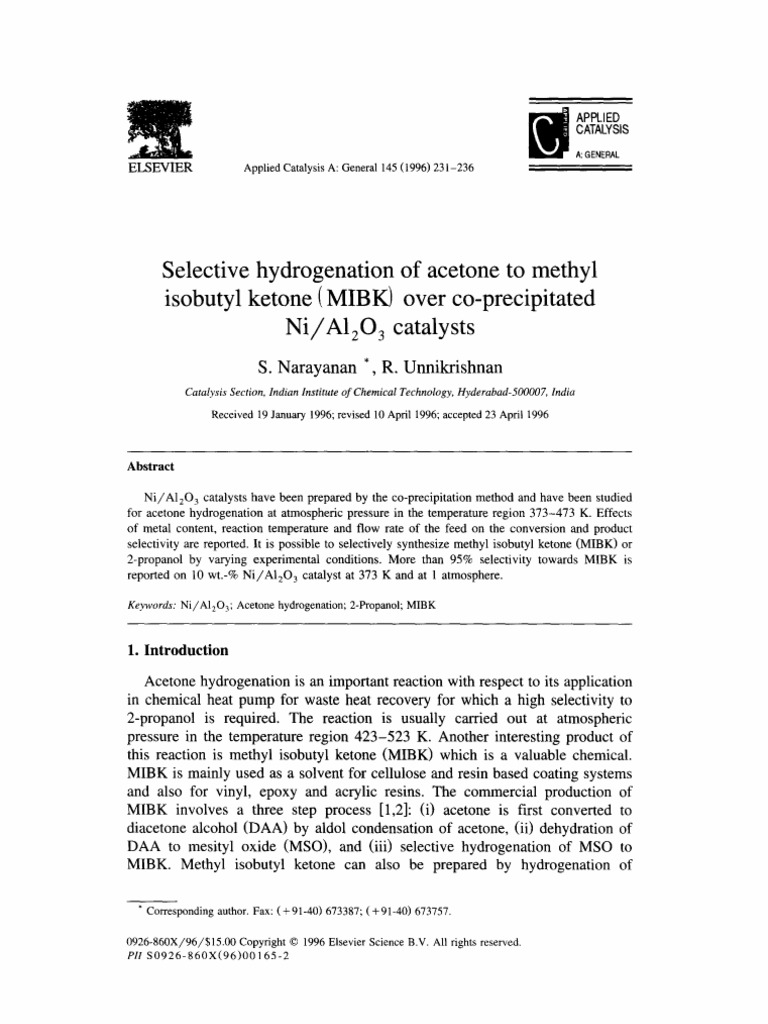 Selective Hydrogenation Acetone To MIBK | PDF | Hydrogenation | Catalysis