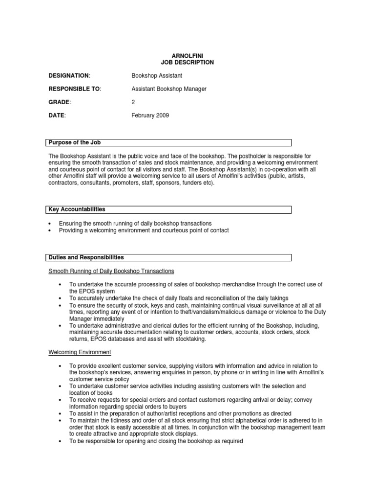 Arnolfini Job Description DESIGNATION: Bookshop Responsible To: Grade ...