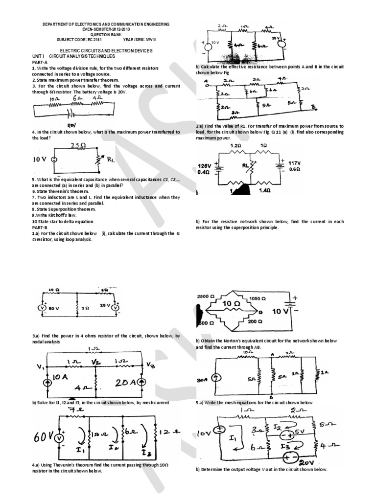 Electric Circuits and Electron Devices Unit I Circuit Analysis Techniques Part-A | PDF | Field ...