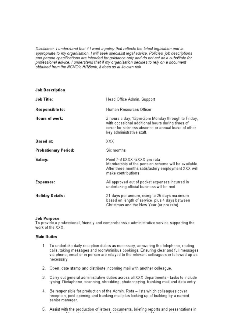 Head Office Administrative Support 2010 Job Description | PDF ...