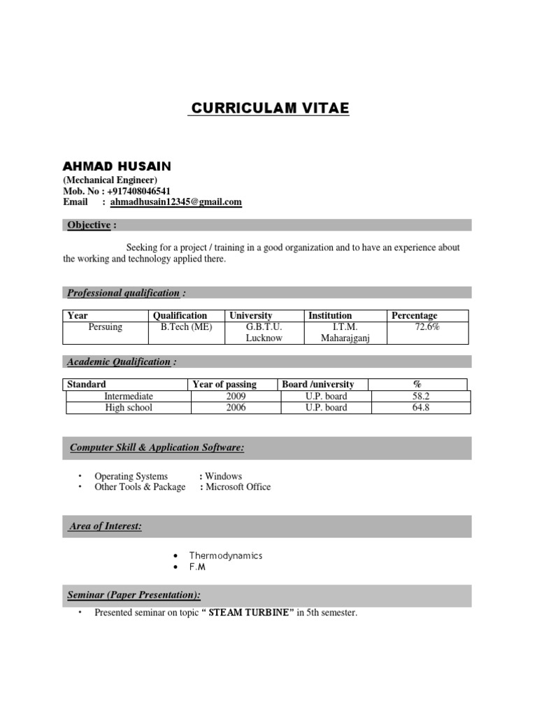 Mechanical Engineer CV - Ahmad Husain | PDF